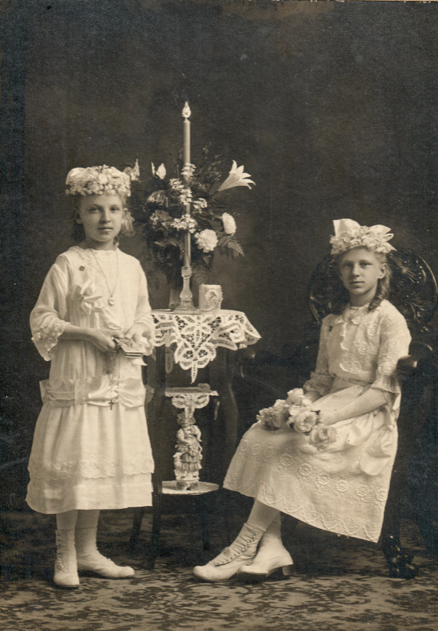 Vintage First Communion Portrait – Girls in Lace Dresses with Floral ...
