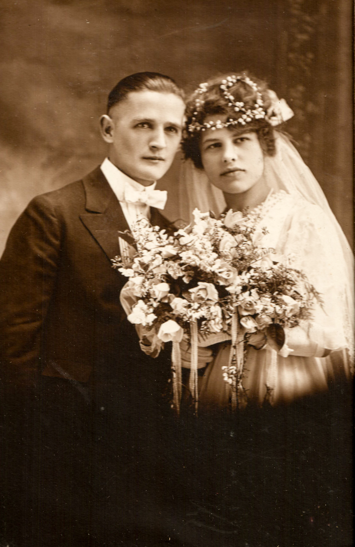 Vintage Wedding Portrait – Bride and Groom with Floral Bouquet, Early ...